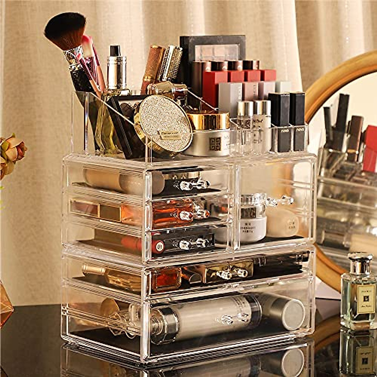 Cq acrylic Clear Makeup Storage Organizer Drawers Skin Care X Large Cosmetic Display Cases Stackable Storage Box With 6 Drawers For Dresser,Set of 3