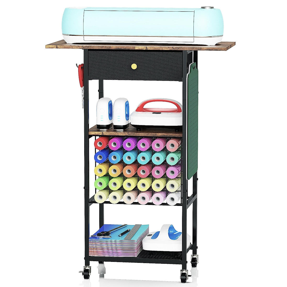 Rolling Craft Table with Storage with 30 Vinyl Roll Holder and Drawer, Craft Storage Cart Compatible with Cricut Machines, Craft Storage Cabinet Organizer Workstation for Craft Room Home (Black)