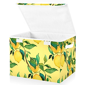 Krafig Retro Lemon Decorative Storage Box with Lid Large Bins Baskets Foldable Cube Organizer Collapsible Containers for Organizing, Toy, Home, Shelf, Closet