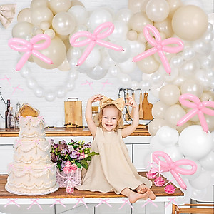 Pink Bow Balloon Arch Kit, 155Pcs Coquette Bows Pearls Balloon Garland Arch, Double Stuffed Pearl Sand White Balloons with Satin Ribbon for Coquette Birthday Decortions, Bridal Shower, Bow Party Decor