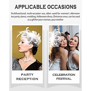 Bniksok 5 Pack White Fascinators Hat for Women Tea Party Veil Mesh Headband Feather Derby Hat Lace Gloves Pearl Jewelry Set for 1920s Party