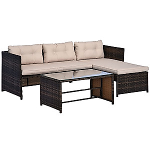 Outsunny 3 Piece Patio Furniture Set, Rattan Outdoor Sofa Set with Chaise Lounge & Loveseat, Soft Cushions, Tempered Glass Table, L-Shaped Sectional Couch, Beige