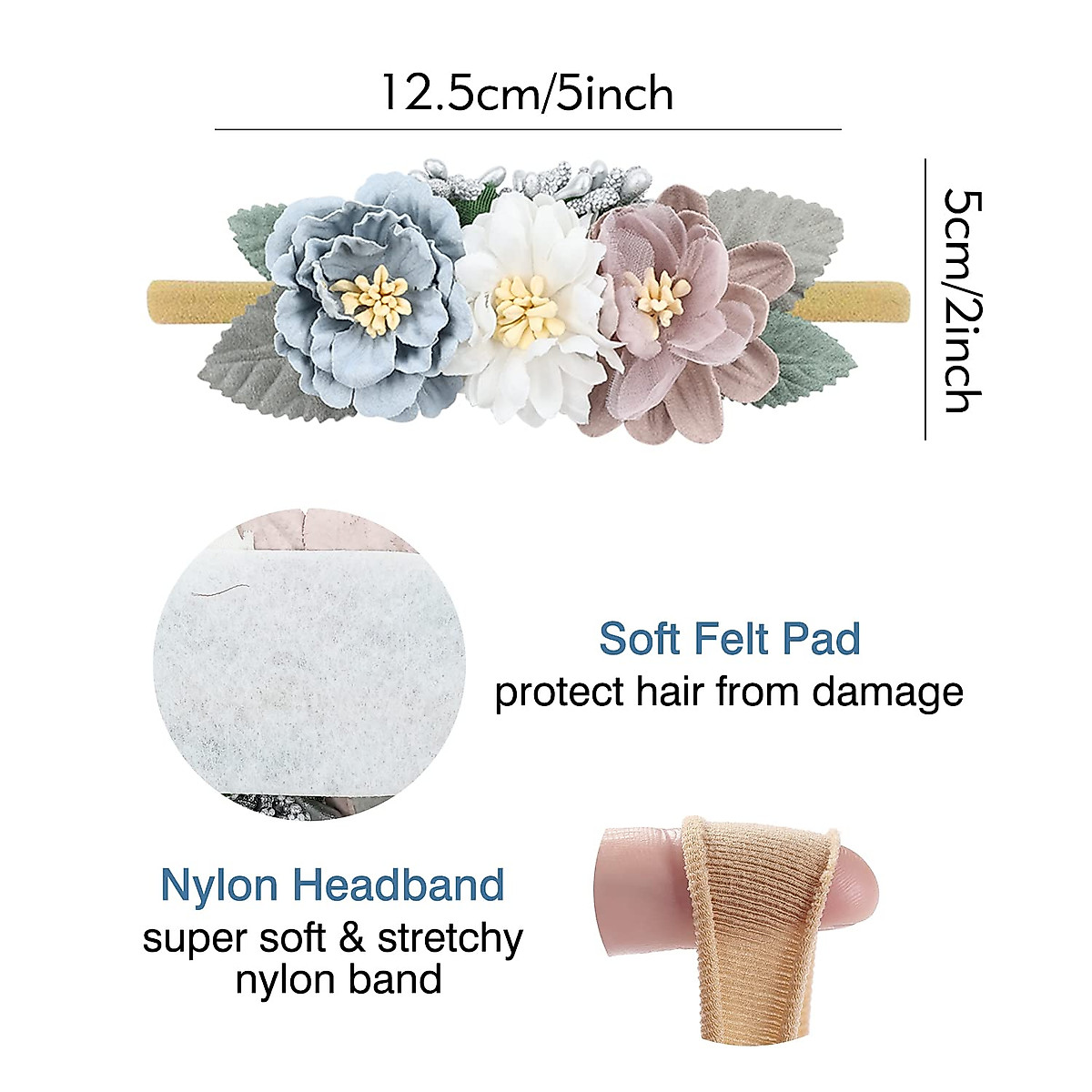 Cinaci 5 Pack Delicate Floral Flower Nylon Headbands Hair Bands Accessories for Baby Girls Newborns Infants Toddlers Kids (5 Pack S1)