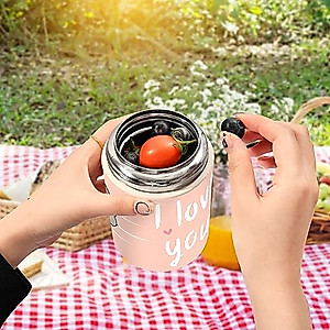 CUPADA I Love You Food Jar for Hot and Cold, Valentines Cat Paw Insulated Food Jars Vacuum 17OZ with Folding Spoon for Work Trip Picnic Camping