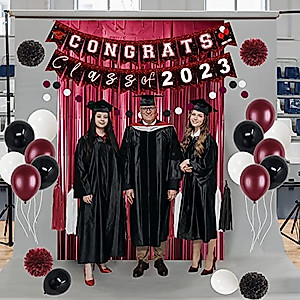 Maroon Graduation Party Decorations Congrats Class of 2023 Banner Paper Garland Including Foil Balloons Fringe Curtains Tassels Paper Pompoms for Senior High School College Graduation Celebration Decorations