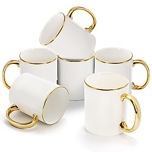 Fasmov 6 Pack Coffee Mugs, 11oz Ceramic Mug set Ceramic Cups for Coffee, latte, Cappuccino, Tea, Cocoa, Cereal, Hot Chocolate, Dishwasher Safe, White/Gold