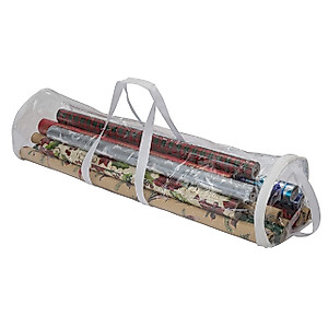 Simplify Clear Gift Wrap Storage Bag | Holds 30" Long Wrapping Paper Rolls | Clear | Zipper Closure | Easy Storage | Holiday Storage | Easy Carry Hangers
