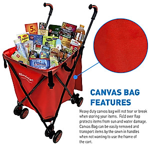 EasyGo Rolling Cart Folding Grocery Shopping Cart Laundry Basket Rolling Utility Cart with Wheels – Removable Canvas Bag - Versa Wheels & Rear Brakes - Easy Folding 120lbs Capacity – Copyrighted – RED