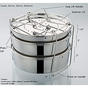 Dubbas - Premium Quality 3 Tier Stainless Steel Stacking Insert Pans/Steamer Compatible with 6 Quart Instant Pot Cooker PIP w/Lids/Plates & Trivet/Sling to Cook, Serve, Store & Reheat