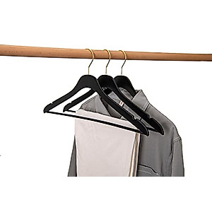 20 Luxury 16.5" Ultra Thin Space Saving Black Wooden Hangers, 360 Degree Swivel Hook, Best for Suit, Coat Hangers Shirts, Blouses, Pant, Dress Hangers Black with Gold Hook (Black, with Pant Bar, 20)