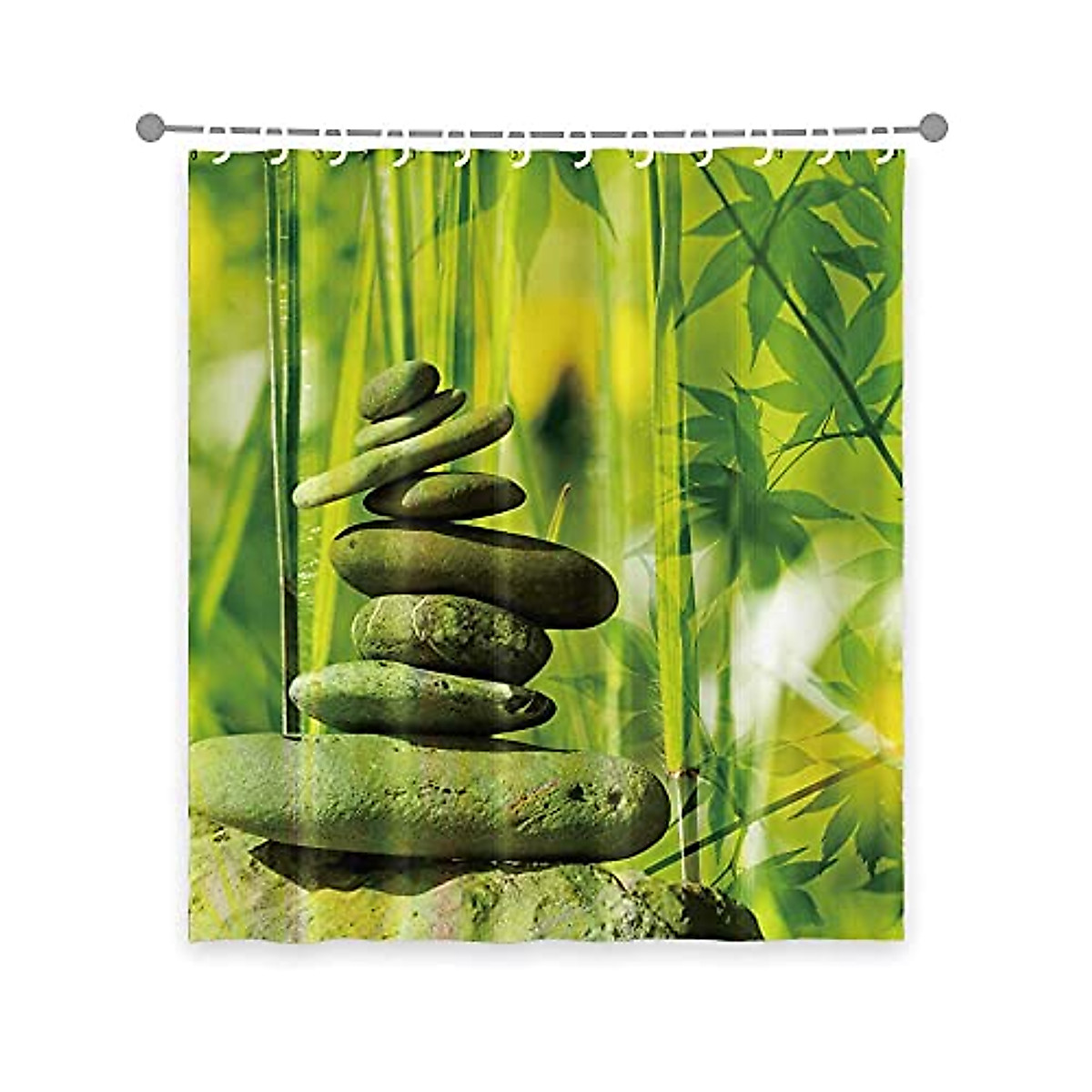 Renaiss 71x71 Inch Spa Shower Curtain Picture of Bamboo and Basalt Stones Green Leaf Bath Curtain Meditation Theraphy Relaxing Nature Scenery Cloth Fabric Bathroom Decor Set with Hooks Waterproof