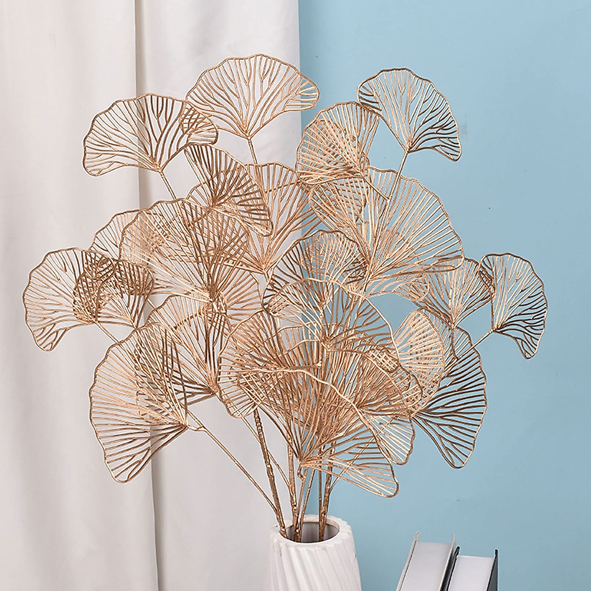 CVPDI 4 Pack Ginkgo Leaves Decorations,Artificial Gold Leaves with Stems Indoor Outdoor Planter Vase Filler Home Garden Wedding Decor