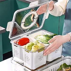 Fruit Containers for Fridge，Fresh Food Containers for Refrigerator，Fruit Containers for Fridge Keep Fresh，Food Box Container with 3 Removable Colanders for Berry，Vegetable, Refrigerator Organizer Bins