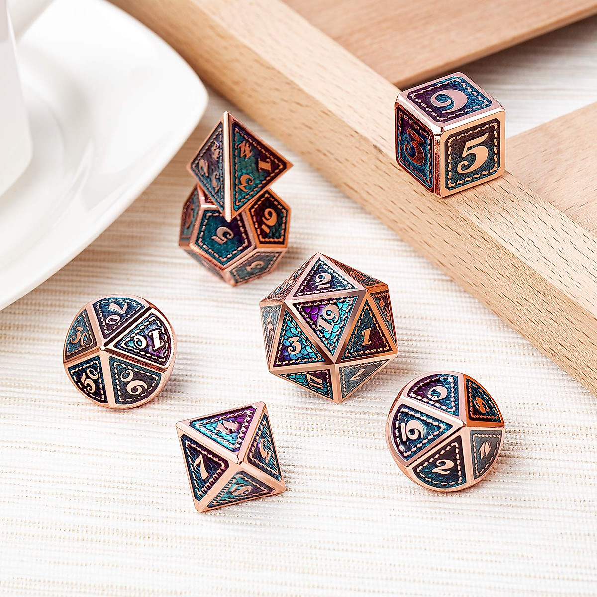 DNDND Metal D&D Dice Set,7 Pieces Dragon Scale Metallic D&D Die with Gift Metal Case for Dungeons & Dragon Game (Teal and Purple with Copper Edge)