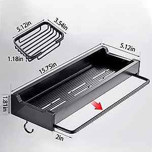 YEIRVE Shower Organizer, Shower Shelf with Hooks and Soap Holder, Shower Rod Bracket with Retractable Towel Rack, No Drilling Adhesive Wall Shelves for Bathroom and Kitchen (Black)