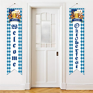 Oktoberfest Welcome Banner Decorations, Blue and White Bavarian Flag Check Welcome Porch Sign Banner, Welcome Oktoberfest Door Banner Decorations for German Oktoberfest Beer Festival Party Supplies