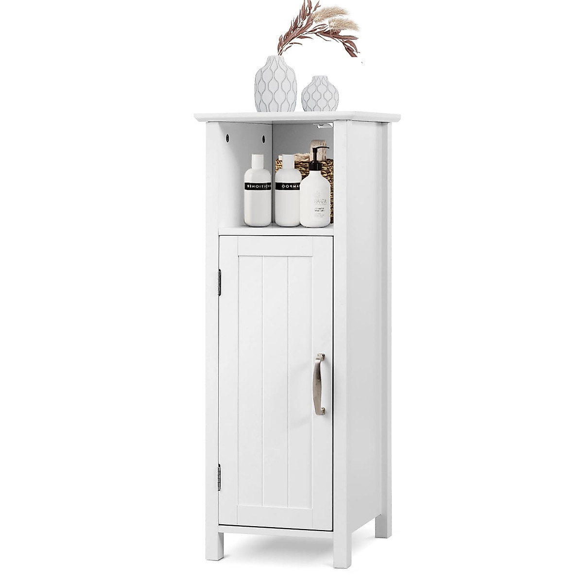LUARANE Wooden Bathroom Floor Storage Cabinet, Side Storage Organizer Cabinet with 1 Door Open Shelf Adjustable Shelves, Small Free Standing Sideboard for Entryway Living Room Kitchen (White)
