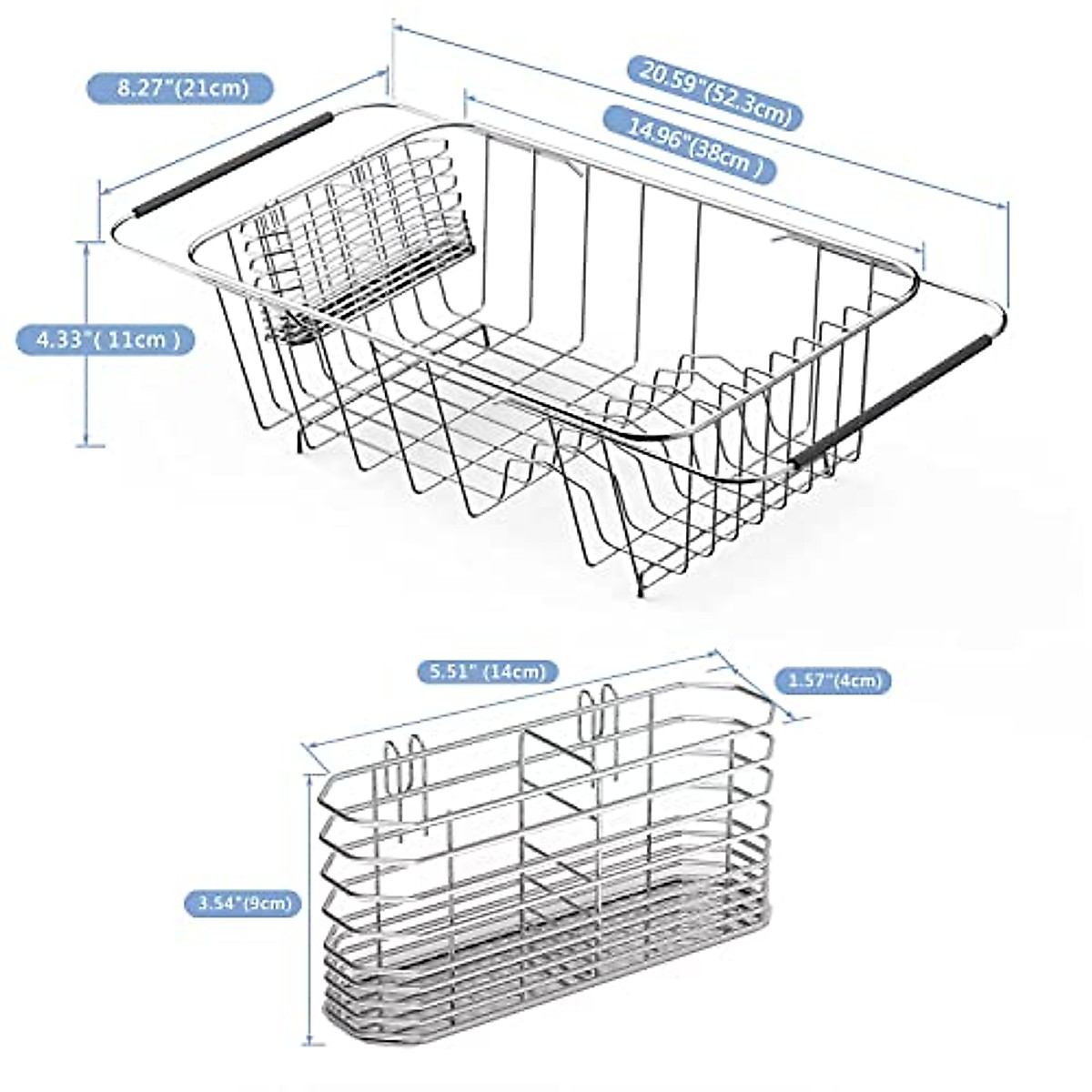 Sink Dish Drying Rack, 304 Stainless Steel Rustproof Expandable Dish Drainer Organizer with Stainless Steel Silverware Holder Over Inside Sink-Adjustable 14.96" to 20.59" （Maximium 7 Upright Dishes ）