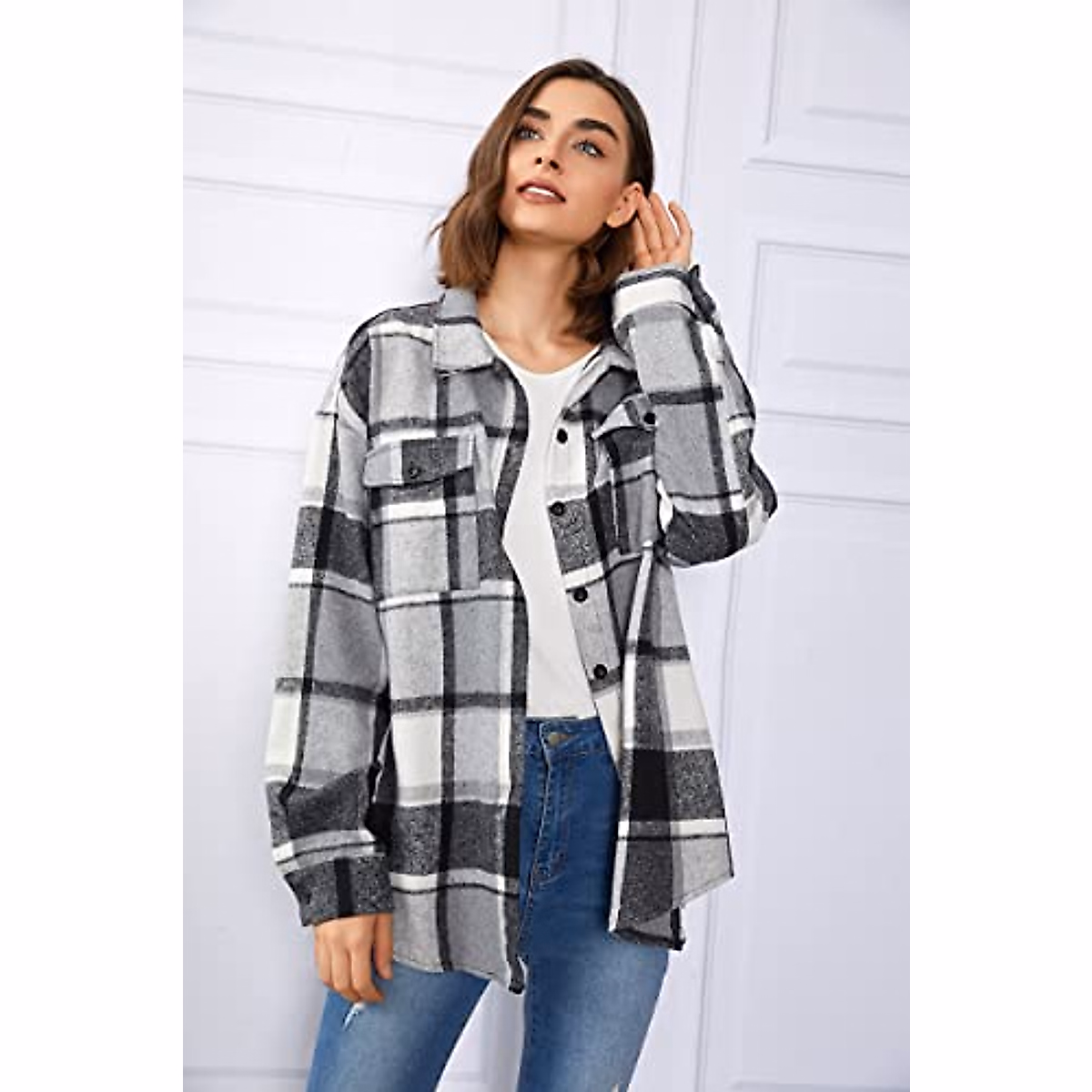 AUTOMET Womens Casual Plaid Shacket Wool Blend Button Down Long Sleeve Shirt Fall Jacket Shackets