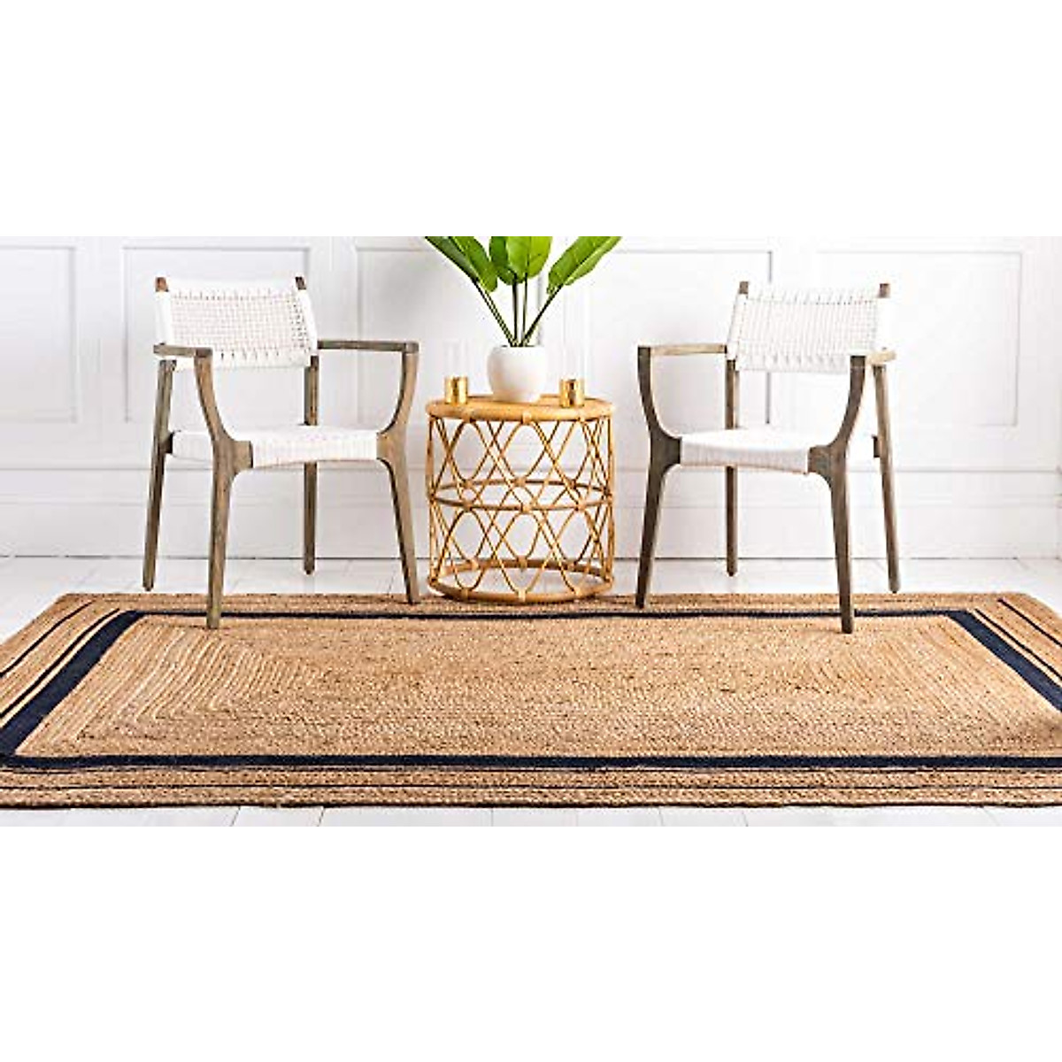 Unique Loom Braided Jute Collection Classic Quality Made Hand Woven with Coastal Design Area Rug, 6 ft x 9 ft, Natural/Navy Blue