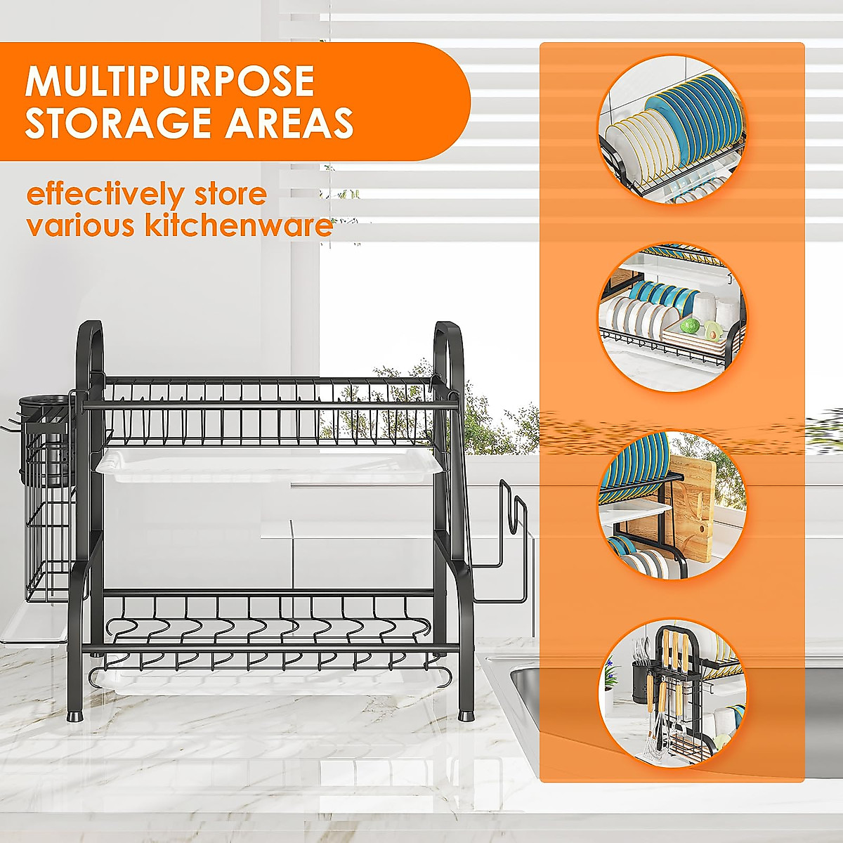 LEGUANG Dish Drying Rack, 2-Tier Stainless Steel Dish Racks for Kitchen Counter, Small Plate Rack Organizer, Space Saving, Black