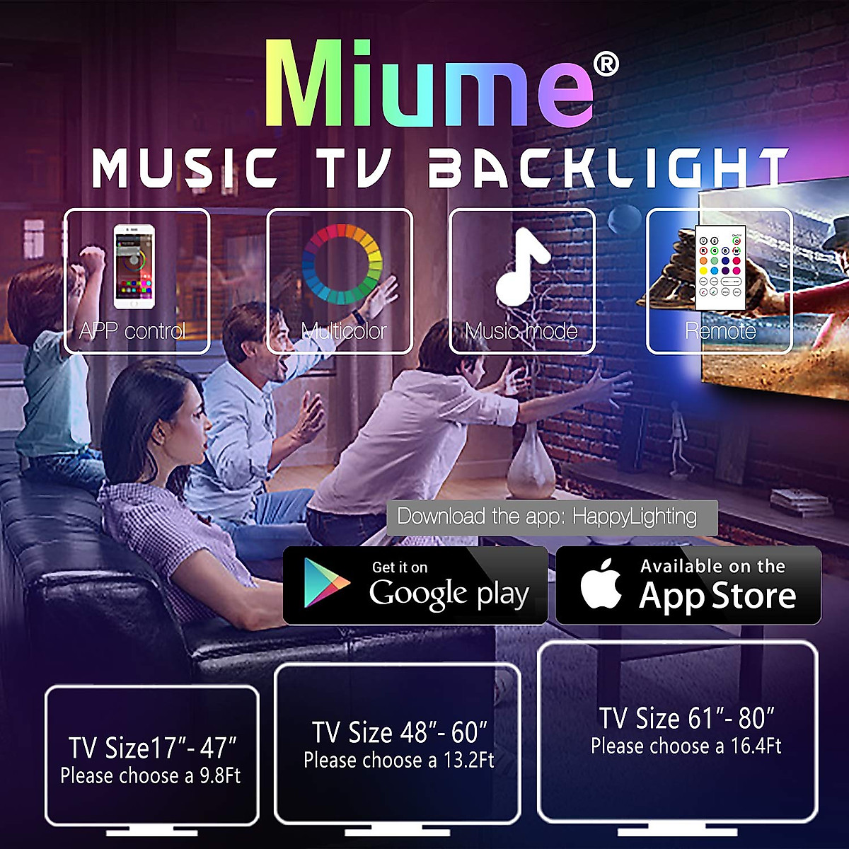 Miume LED Strip Light 9.8Ft Music TV Led Backlight for 14-47 inch TV,9.8Ft RGB USB Powered Led Strip Light with APP Control,TV Led Backlight Kit for Flat Screen TV/PC