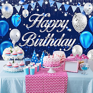 MDCGFOD Happy Birthday Banner - Birthday Decorations for Men Women Boys Girls Blue Sliver Birthday Party Banners Welcome Happy Birthday Background Sign Birthday Theme Party Decorations Indoor Outdoor