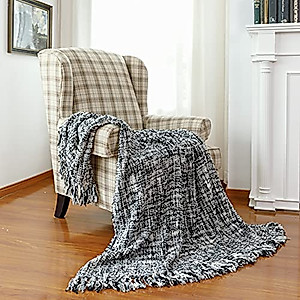 Soft Textured Rustic Blanket Throw with Tassel, Multi-Color Knitted Cozy Farmhouse Throw Blanket for Couch Sofa Chair Bed Office Home Décor, Black White Grey, 50" x 60"