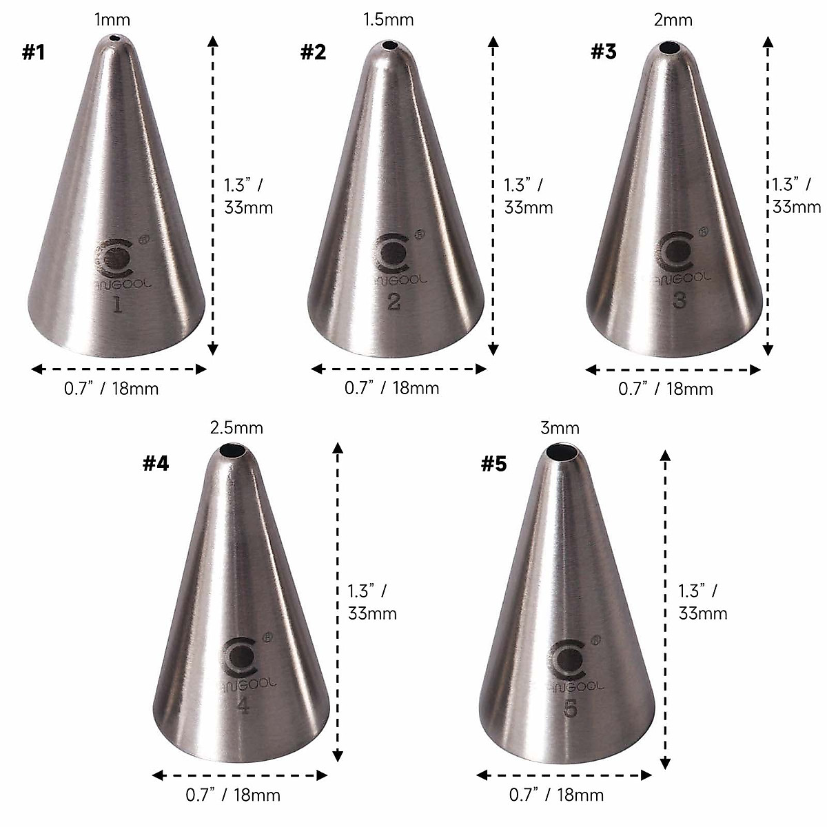 Cangool 5 Professional Nozzles for Drawing and Writing on Cakes, Cupcakes, Biscuit (Size 1, 2, 3, 4 and 5) - Piping Tips Compatible With Piping Bag
