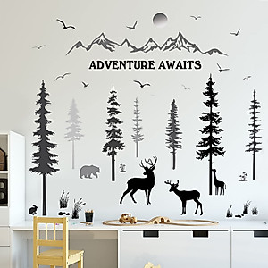 Prabahdak 3 Sheets Woodland Nursery Wall Decals Forest Deers Wall Stickers Bears Pine Tree Wall Decals Inspirational Quote Mountain Animal Sun Wall Stickers DIY Wall Decals for Kids' Room