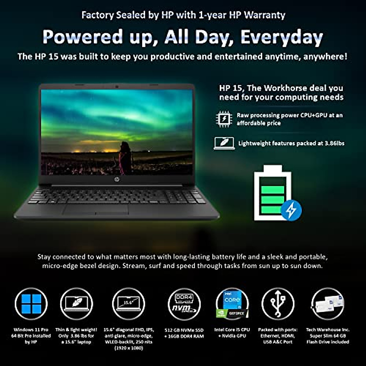 HP 15 Laptop 2022 Intel Core i5-1135G7, Nvidia MX350 2GB, 512GB NVMe SSD, 16GB RAM, Win 11 Pro, 15.6" FHD(non-touch), Jet Black, light weight 3.86lbs, long battery life, 64GB Tech Warehouse Flashdrive