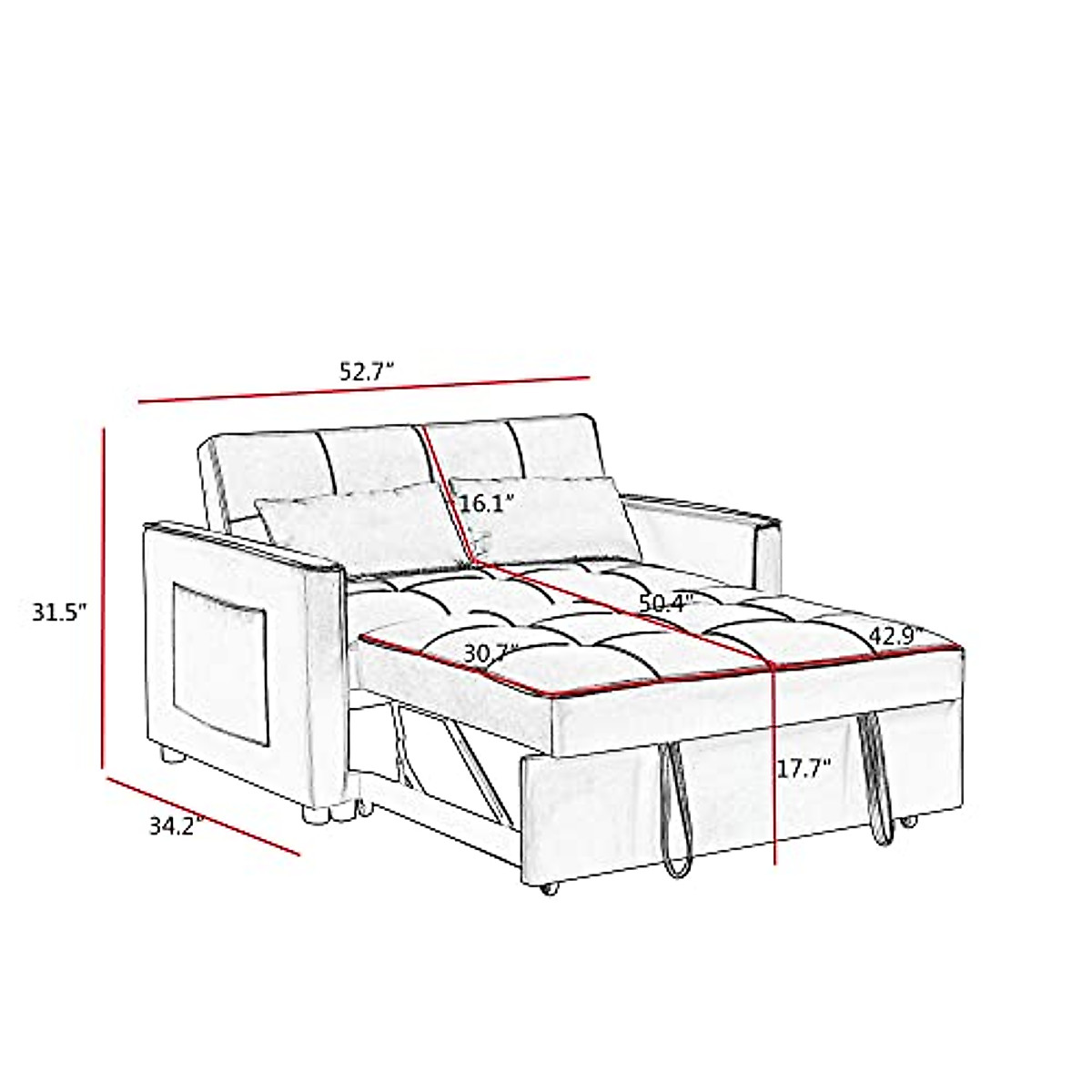FULife Sleeper Sofa, Convertible Futon Loveseat Sofá Chair 3-in-1, Pullout Chaise Lounge Couch Bed 2 Seaters with Adjustable Back for Living Room Apartment Small Space, Gray 52" w