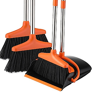 Tioncy Heavy Duty Broom and Dustpan Set 2 Plus 1 Set with Comb Commercial Windproof Stand up Broom Outdoor Indoor for Courtyard Garage Lobby Mall Market Floor Kitchen Home Office Pet Hair Rubbish