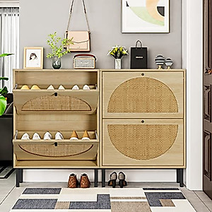Goujxcy Natural Rattan Shoe Cabinet with 2 Flip Drawers, Modern 2-Tier Shoe Rack Storage Cabinet for Heels, Boots, Slippers, Free Standing Shoe Rack for Living Room Entrance Hallway (Brown-2 Door)