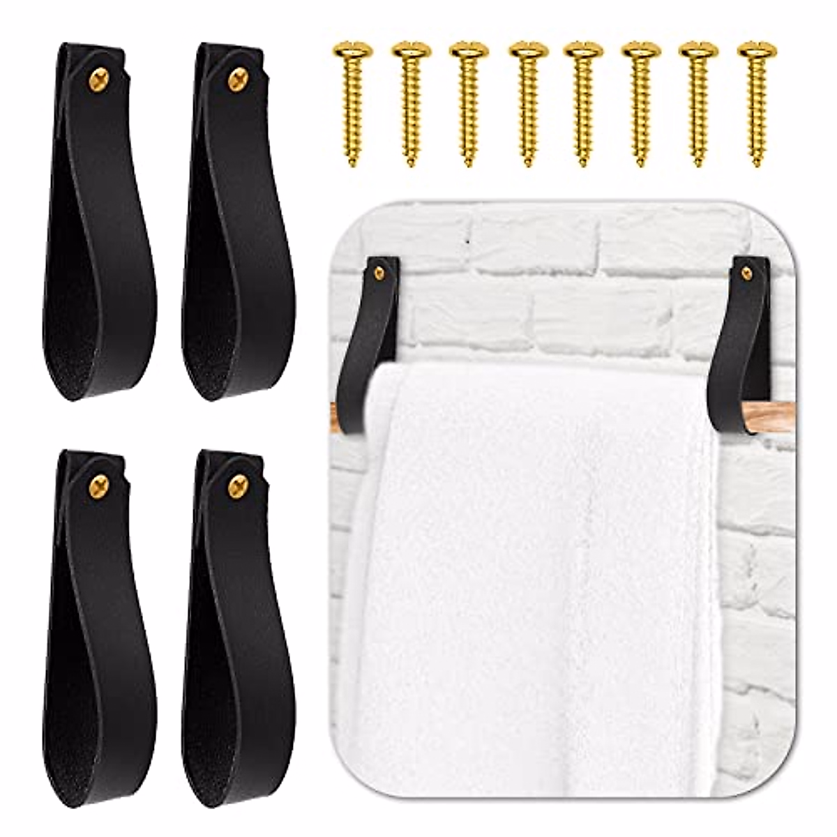 Abeillo 4 Pcs Leather Wall Hooks, Medium Leather Straps Hanger Towel Hook, Leather Strap Shelf Wall Hanging Strap Holder for Bathroom Kitchen Bedroom Nordic Boho Decor(Black)
