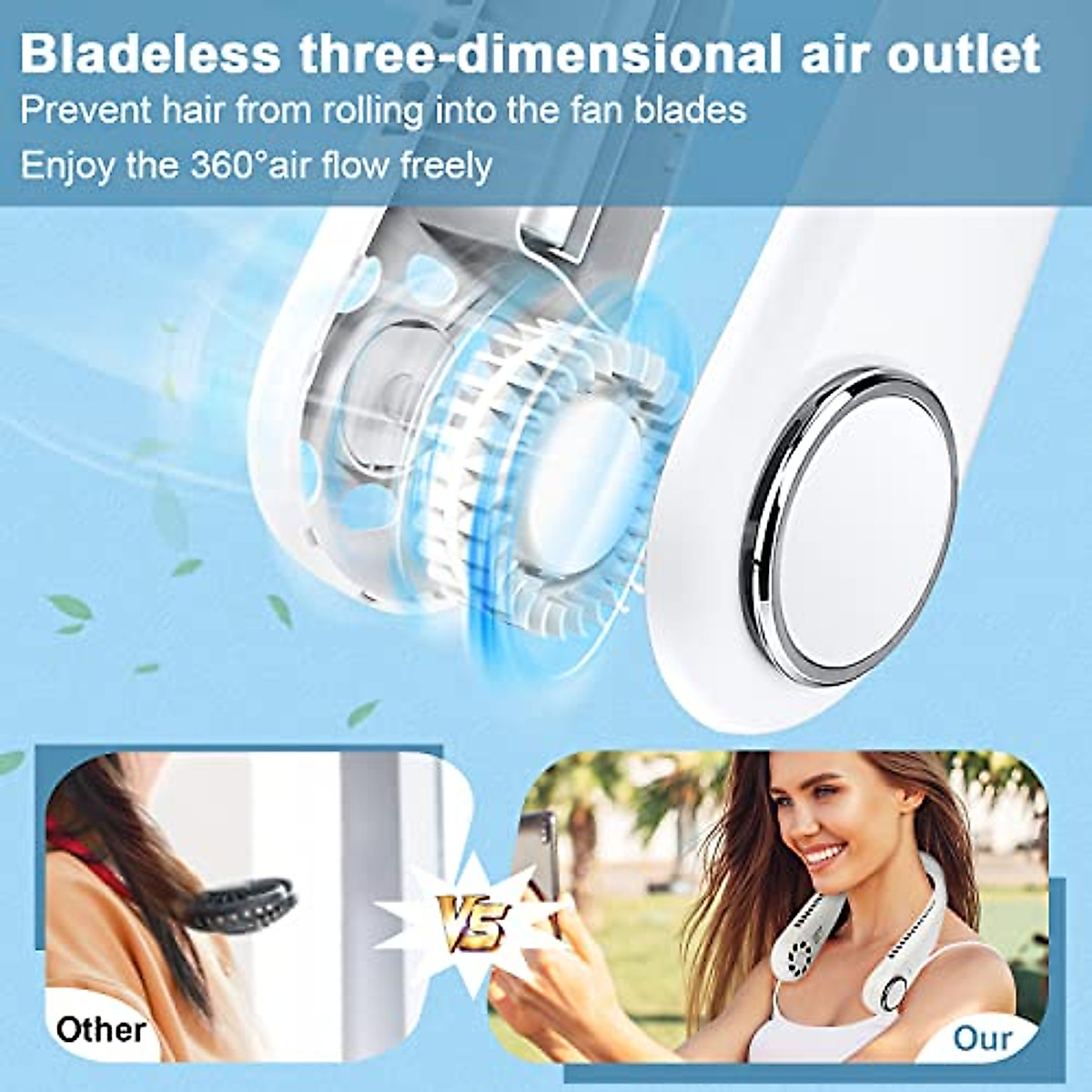 akface Portable Neck Fan Rechargeable, 3 Speeds Hands Free Bladeless Fan, Battery Operated Wearable Personal Fan for Women, Man (White)