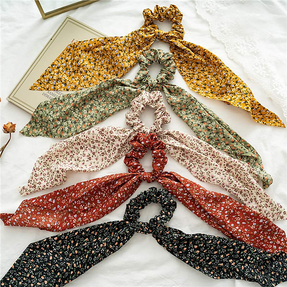 Chiffon Floral Hair Scarf with Ribbon Bows for Women and Girls - 5 Pcs Scrunchies with Ponytail Holders