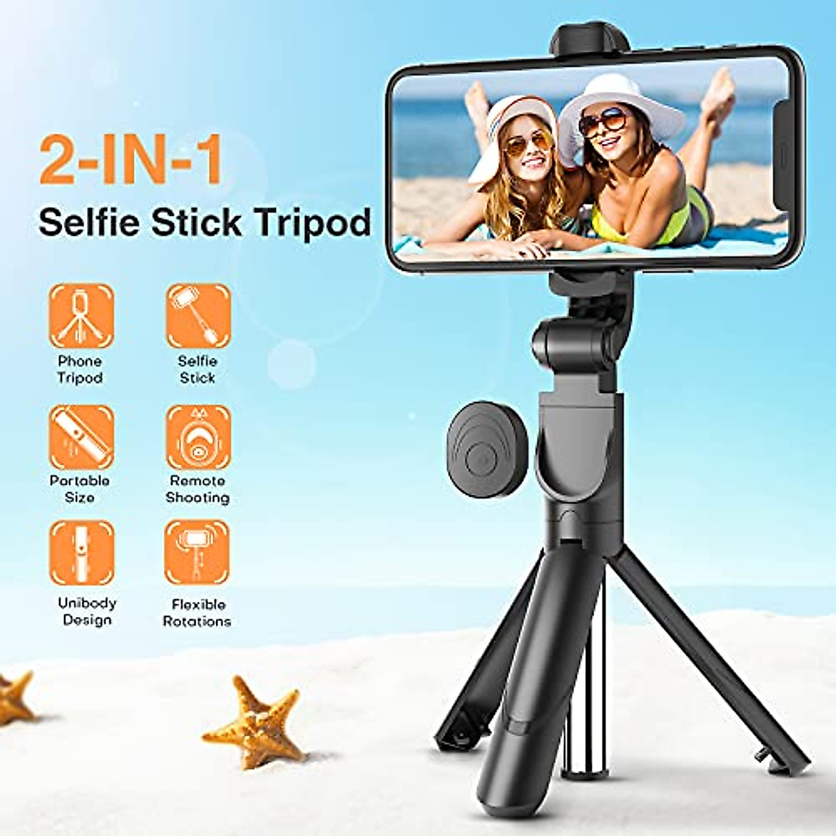 Phone Tripod Stand, Selfie Stick Tripod - Extendable Tripod Stick with Remote - Wireless Selfie Stick Tripod, Portable Tripod for Phone (Black)