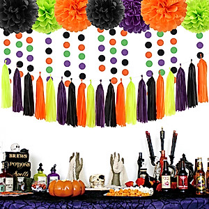 Black-Purple Orange Green Halloween Party-Decorations - 30pcs Tissue Pom Poms Streamers,Tassel Garland Banner,Birthday Wedding Baby Bridal Shower Decor Bunting Supplies Lasting Surprise