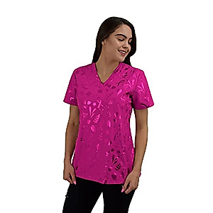 Womens Medical Nursing Foil Printed Scrub Uniform Top Zinnia-BC Ribbon Floral - Magenta-Large