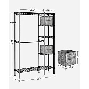 SONGMICS Garment Rack Heavy Duty Clothes Rack, Freestanding Portable Wardrobe Closet for Hanging Clothes with 2 Storage Boxes, 8 Hooks, Adjustable Wire Shelves, 2 Hanging Rods, Black ULGR422B01