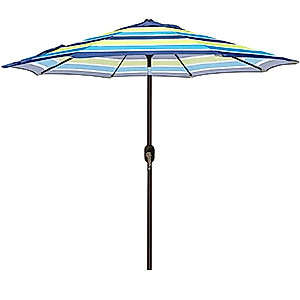 Blissun 9' Outdoor Aluminum Patio Umbrella, Striped Patio Umbrella, Market Striped Umbrella with Push Button Tilt and Crank (Blue and Green)