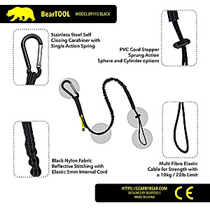 BearTOOLS Tool Lanyard with Standard Spring Carabiner and Adjustable Loop End, 90cm Length, Maximum Weight Limit 8KG / 17.6lb, Fall Restraint with Shock Cord Stopper, 3 Combo Pack (Black 0913S)