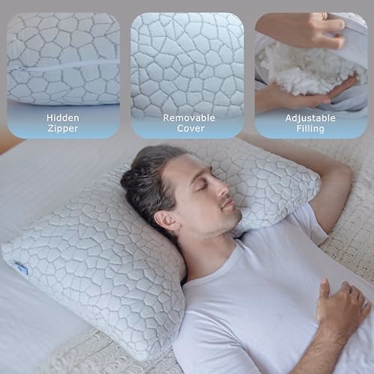 Pharmedoc Adjustable Shredded Memory Foam Curved Pillow - Side Sleeper - Deep Center - Neck Pillow for Pain Relief (Queen Bed Pillow 2 Pack)