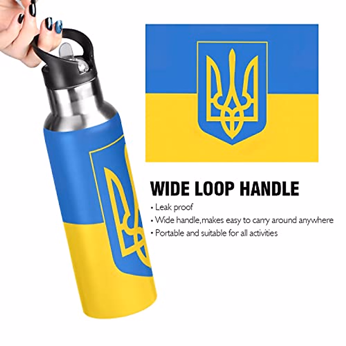 Stainless Steel Water Bottle with New Wide Handle Straw Lid Ukraine Flag National Emblem Portable Sport Bottle 20 Oz