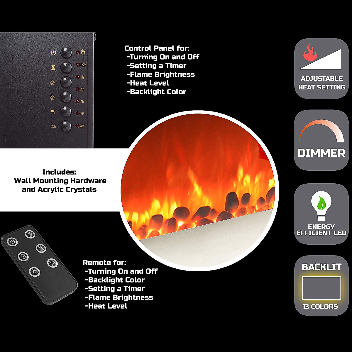 31-Inch Electric Fireplace - Front Vent, Wall Mounted, 13 Backlight Colors, Adjustable Heat and Remote Control by Lavish Home (Silver)