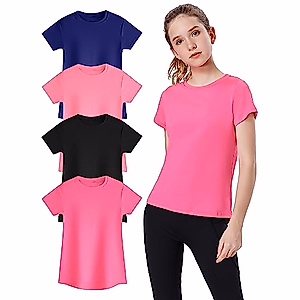 EXARUS 4 Pack Girls Athletic Shirts Short Sleeve Quick Dry Crewneck Tee Activewear Performance Tops for Kids 8-16Y Set 3 10Y