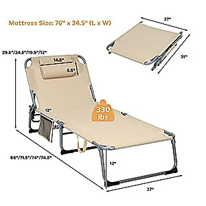 Tangkula 4-Position Folding Chaise Lounge Chair, Tri-Fold Portable Chaise Lounge Chair with Mattress, Pillow, Side Pocket, 330 LBS Reclining Lounge Chair for Beach, Home, Pool, Camping (1, Beige)