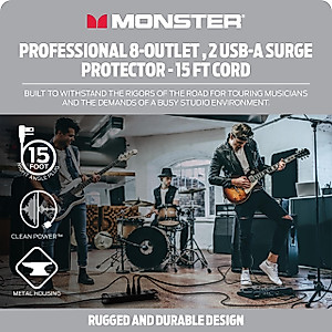 Monster Pro MI Professional Surge Protector Power Strip with Fireproof MOV Technology for Computers, Amplifiers, Pedal Boards, and Pro Audio Gear - 1960 Joule, 15 ft Cord, 8 Outlet, 2 USB