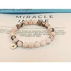 Handmade Alphabet Letters Love Heart Charm Pendant Healing Natural Gemstones 8mm Rose Pink Zebra Jasper Beads Stretched Beaded Bracelet,Anxiety Pain Stress Strain Fear Relief Beading Bracelets,Love Gift for Mother Grandmother Daughter Wife . (C)